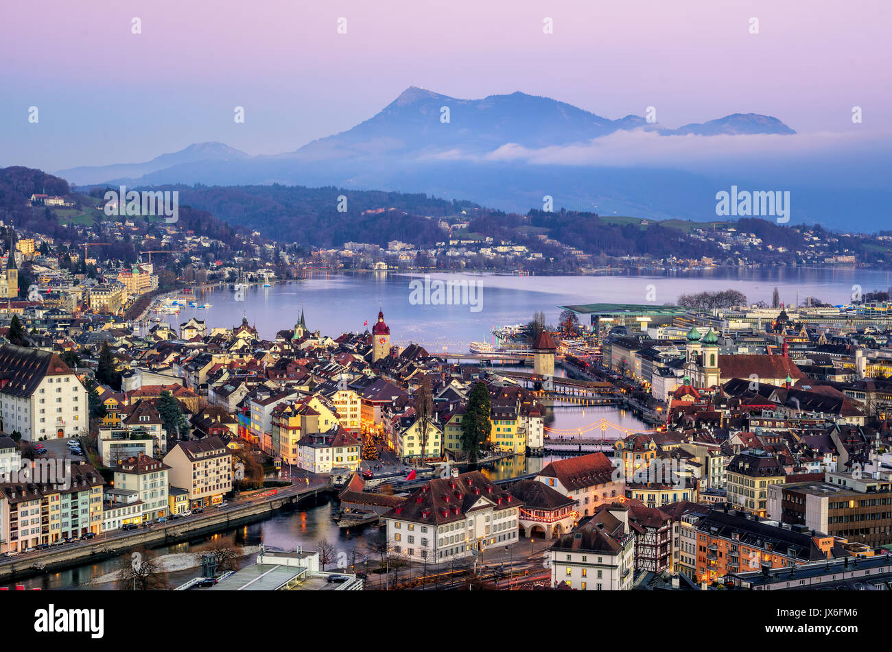 Aerial view of the Old Town of Lucerne, wooden Chapel bridge, stone ...