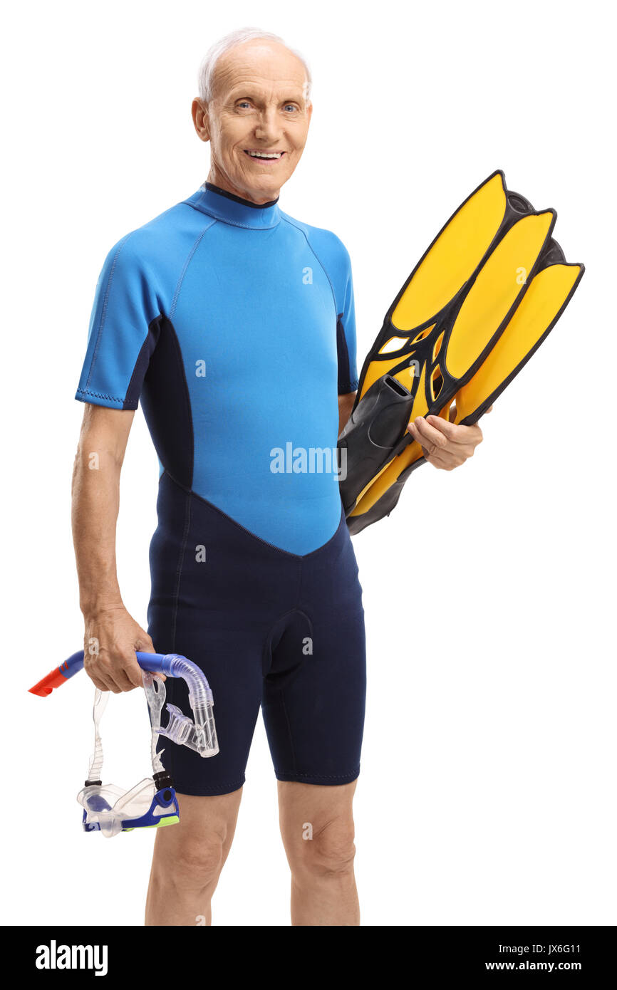 Elderly man in a wetsuit with snorkeling equipment isolated on white ...