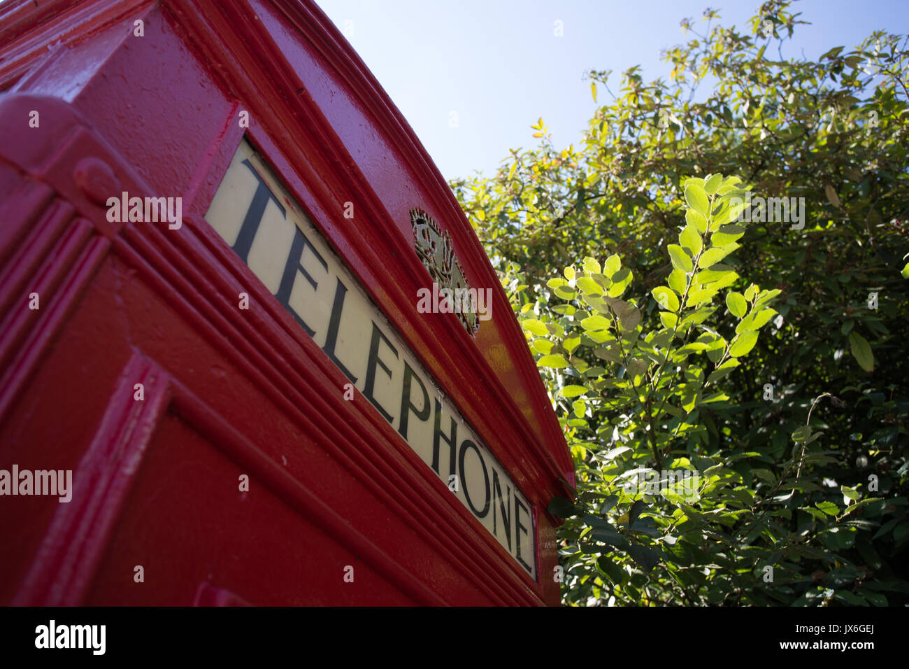 A close up abstract of a British Red Telephone Box in front of green ...