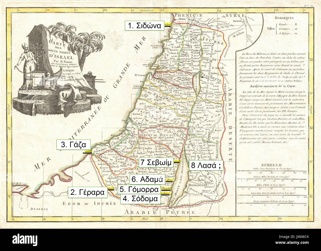 1770 Bonne Map of Israel showing the Twelve Tribes Geographicus Israel ...