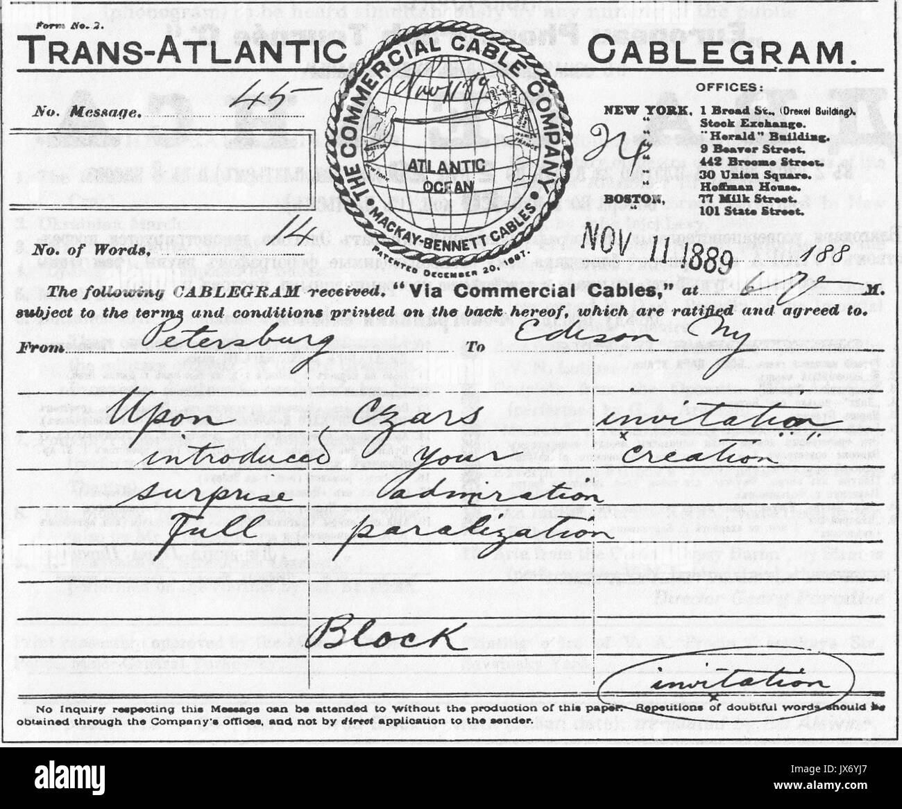 Trans Atlantic Cablegram from J Block to T Edison 1889 11 11 Stock ...