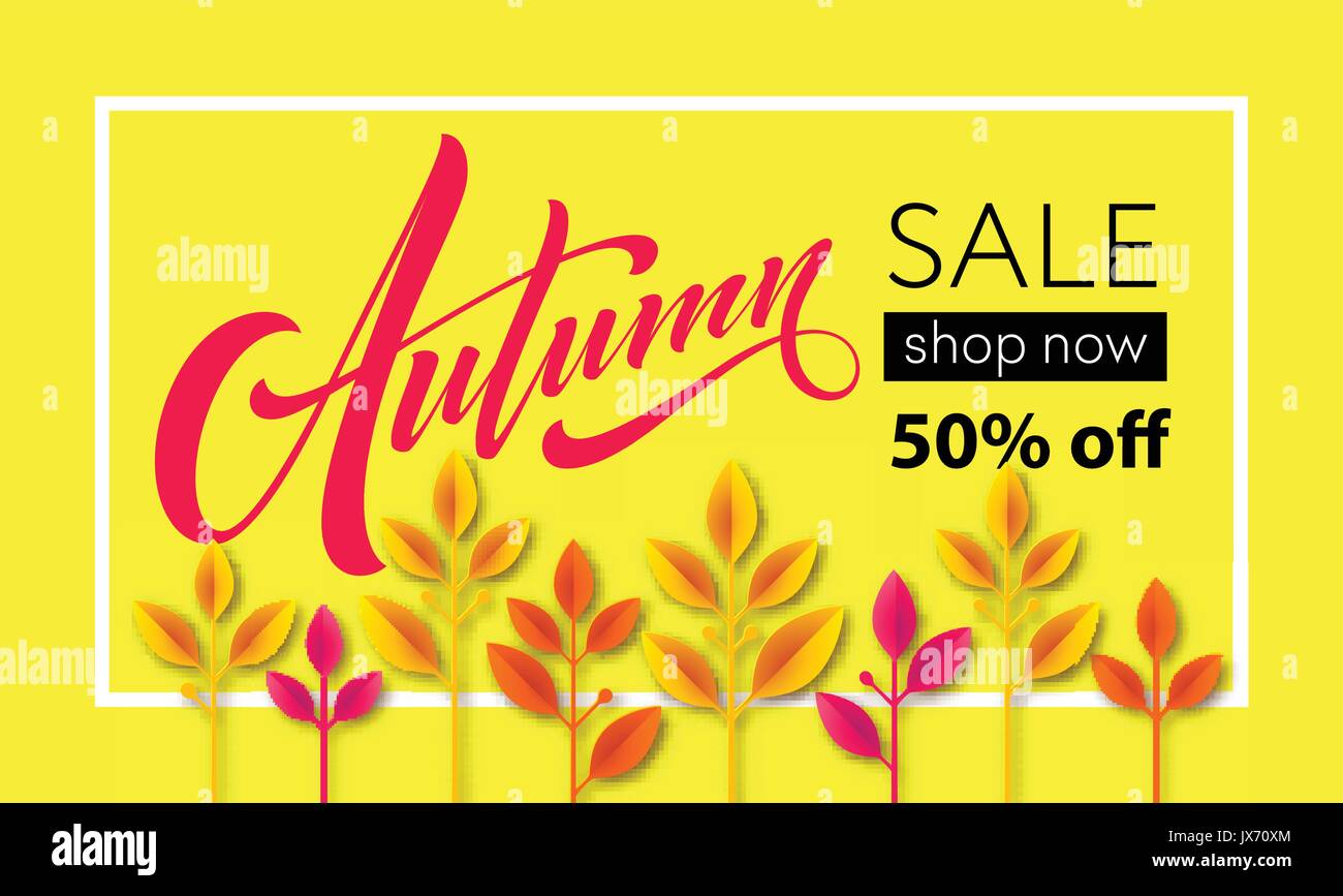 Fall sale background design with colorful paper cut autumn leaves ...