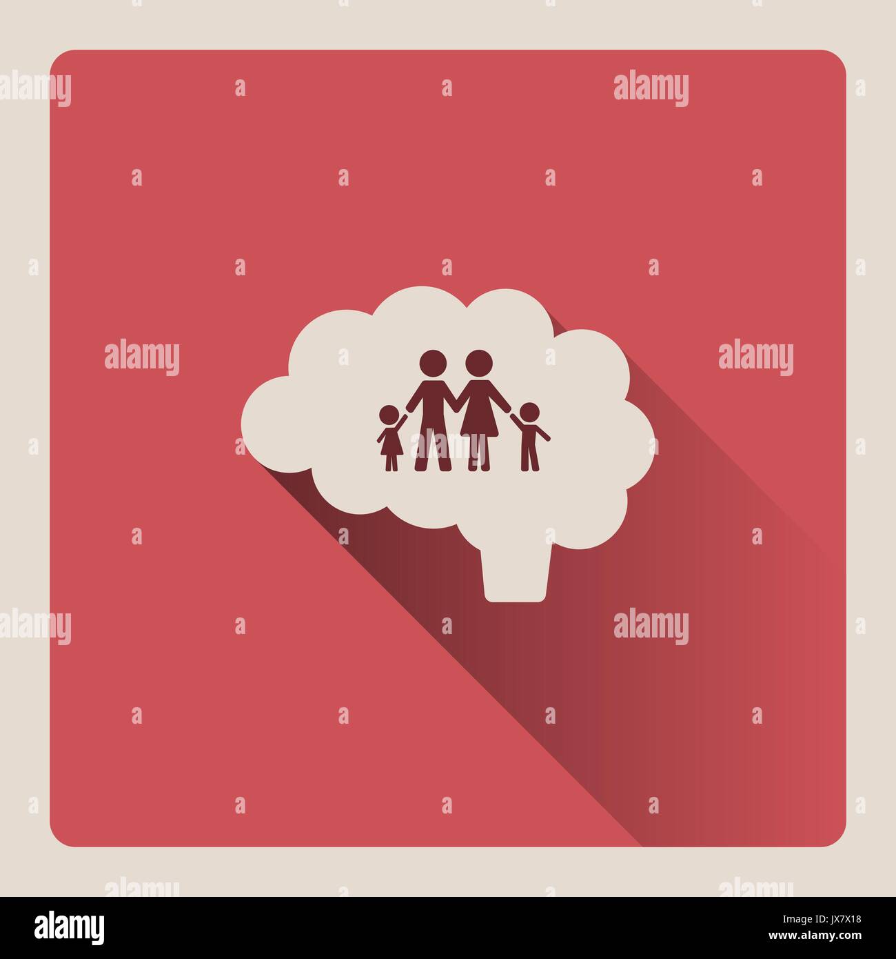 Brain thinking in the family illustration on red square background with ...