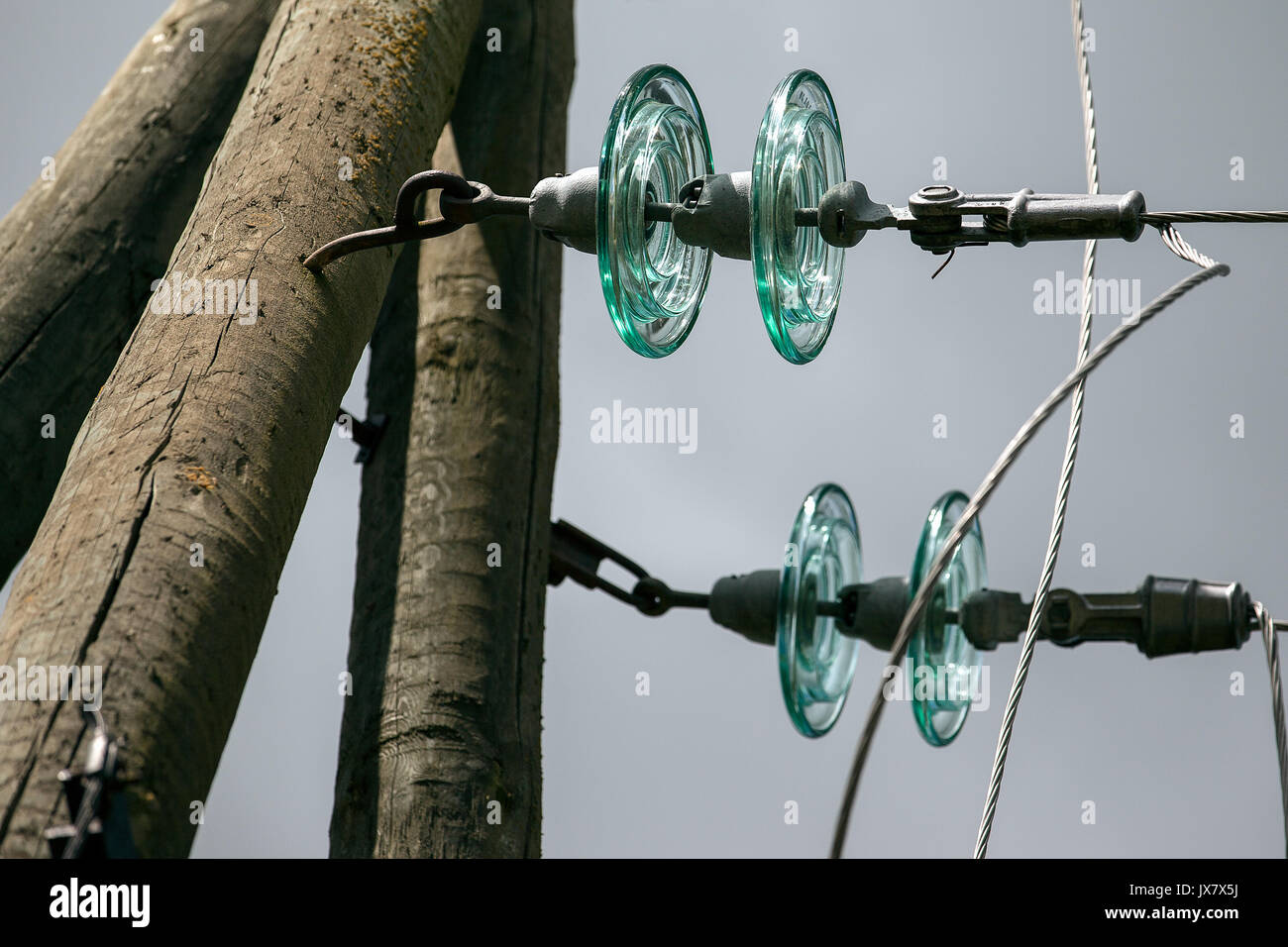 Electric wires on a pillar, Close up. Electricity supply and energy ...