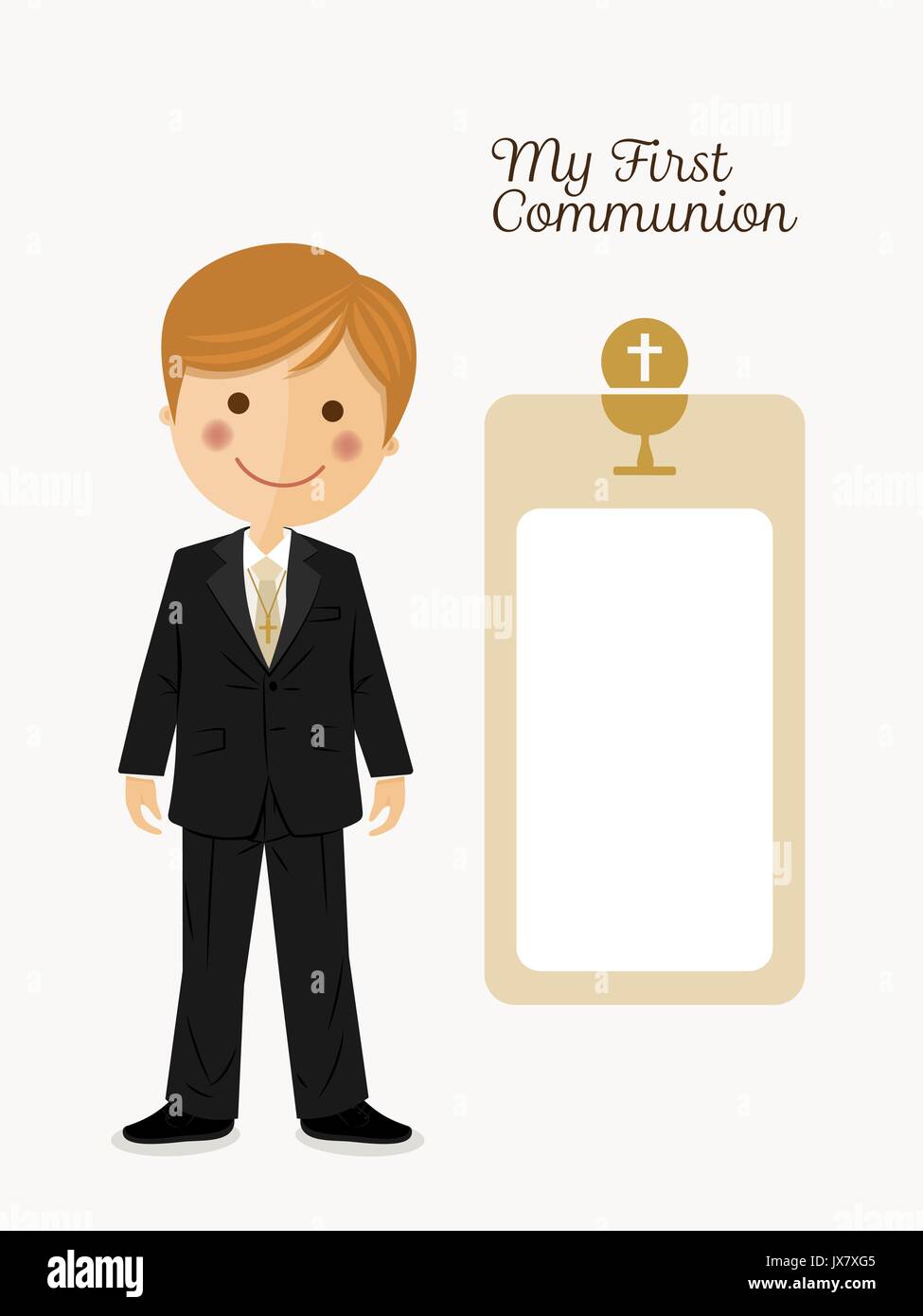 Child costume in her first communion dress vertical invitation on ocher ...