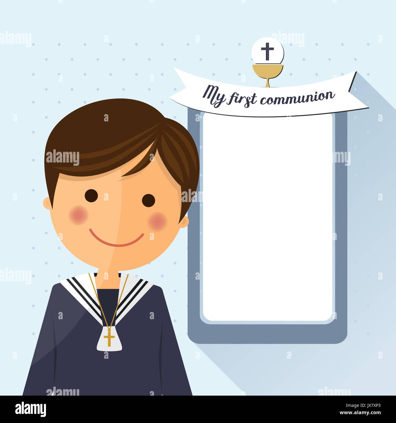 First communion child foreground on blue square background Stock Vector ...