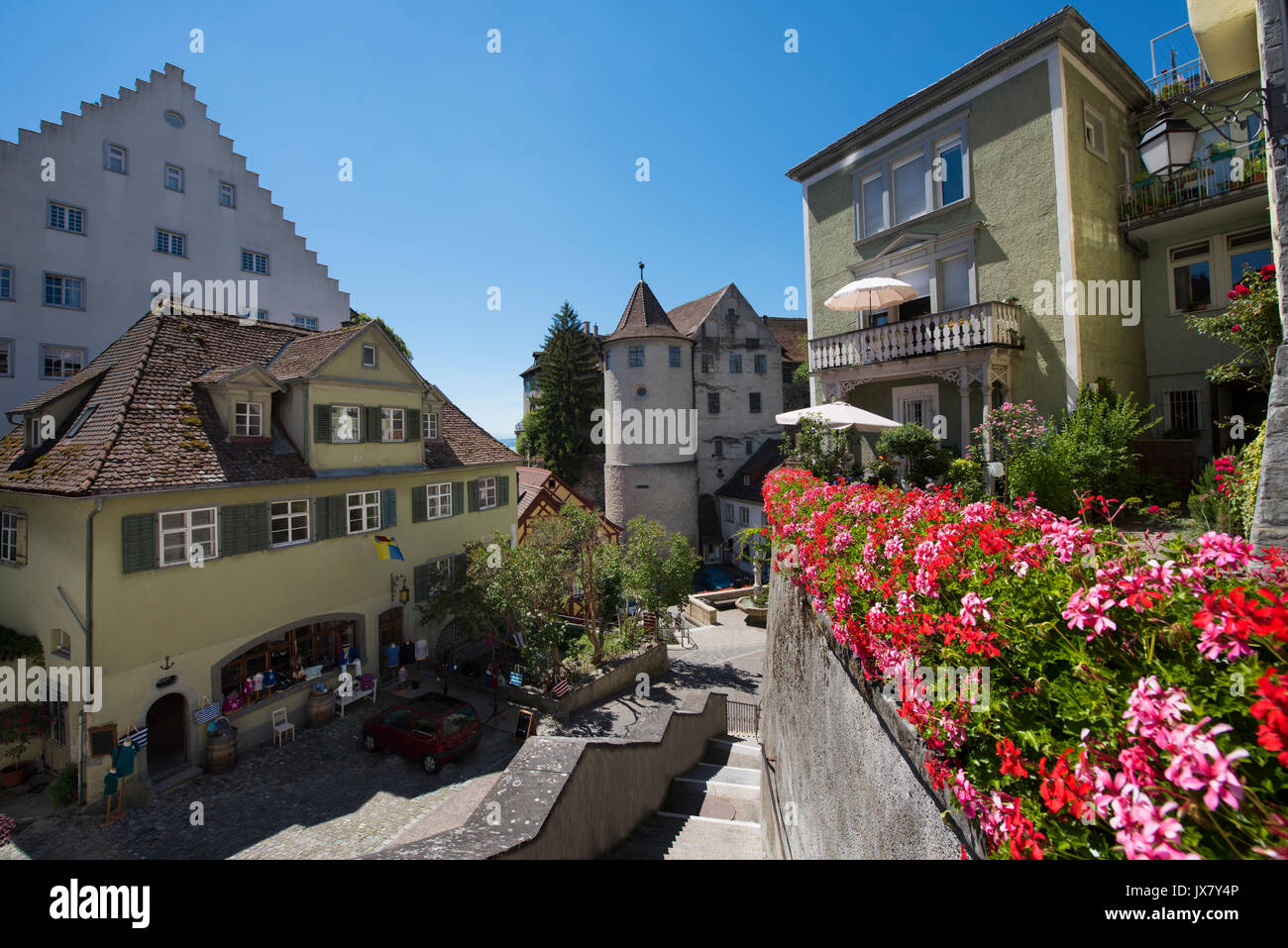 Old town of Meersburg with bear fountain and old castle - Meersburg ...