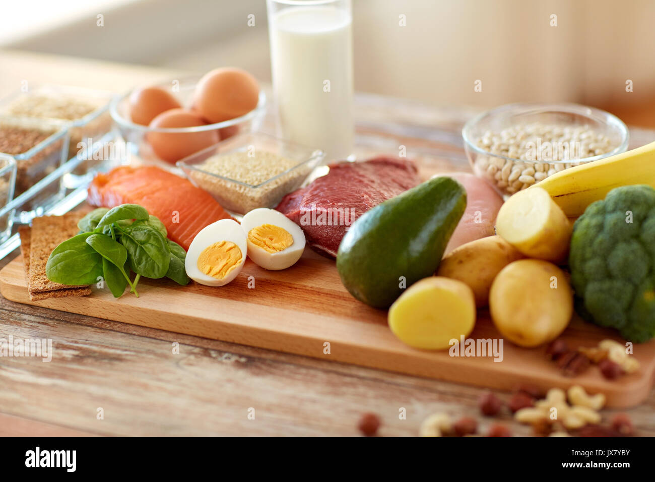 natural rich in protein food on table Stock Photo - Alamy