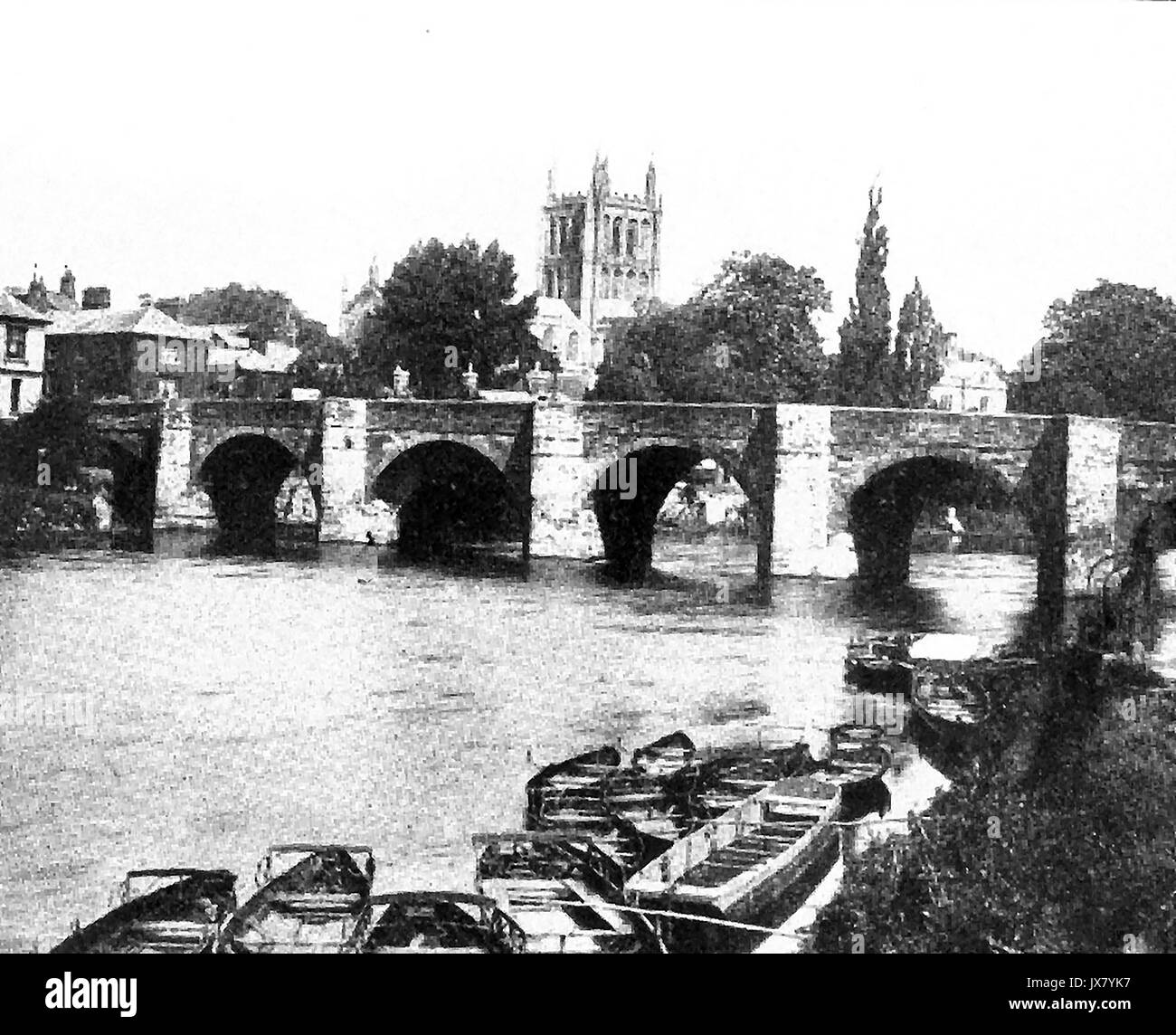 Wye bridge at Hereford on the Wye (UK) in 1920 with pleasure boats ...