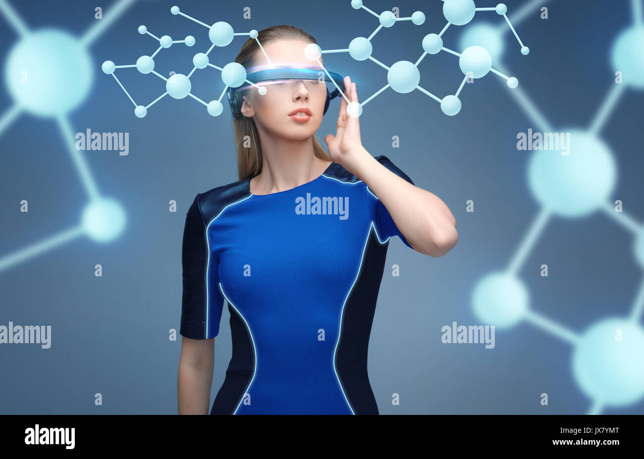 woman in virtual reality 3d glasses with molecules Stock Photo - Alamy