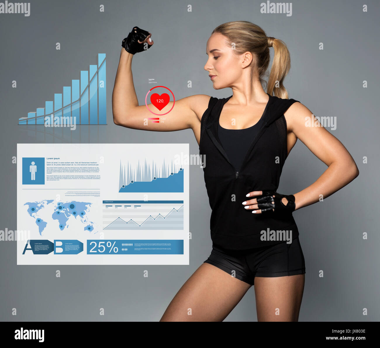 young woman showing muscles with charts and pulse Stock Photo - Alamy