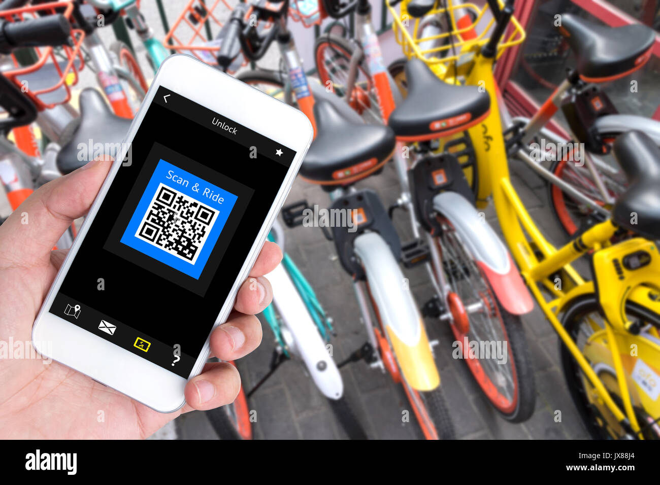 Bicycle sharing service or rental technology concept. Sharing economy ...