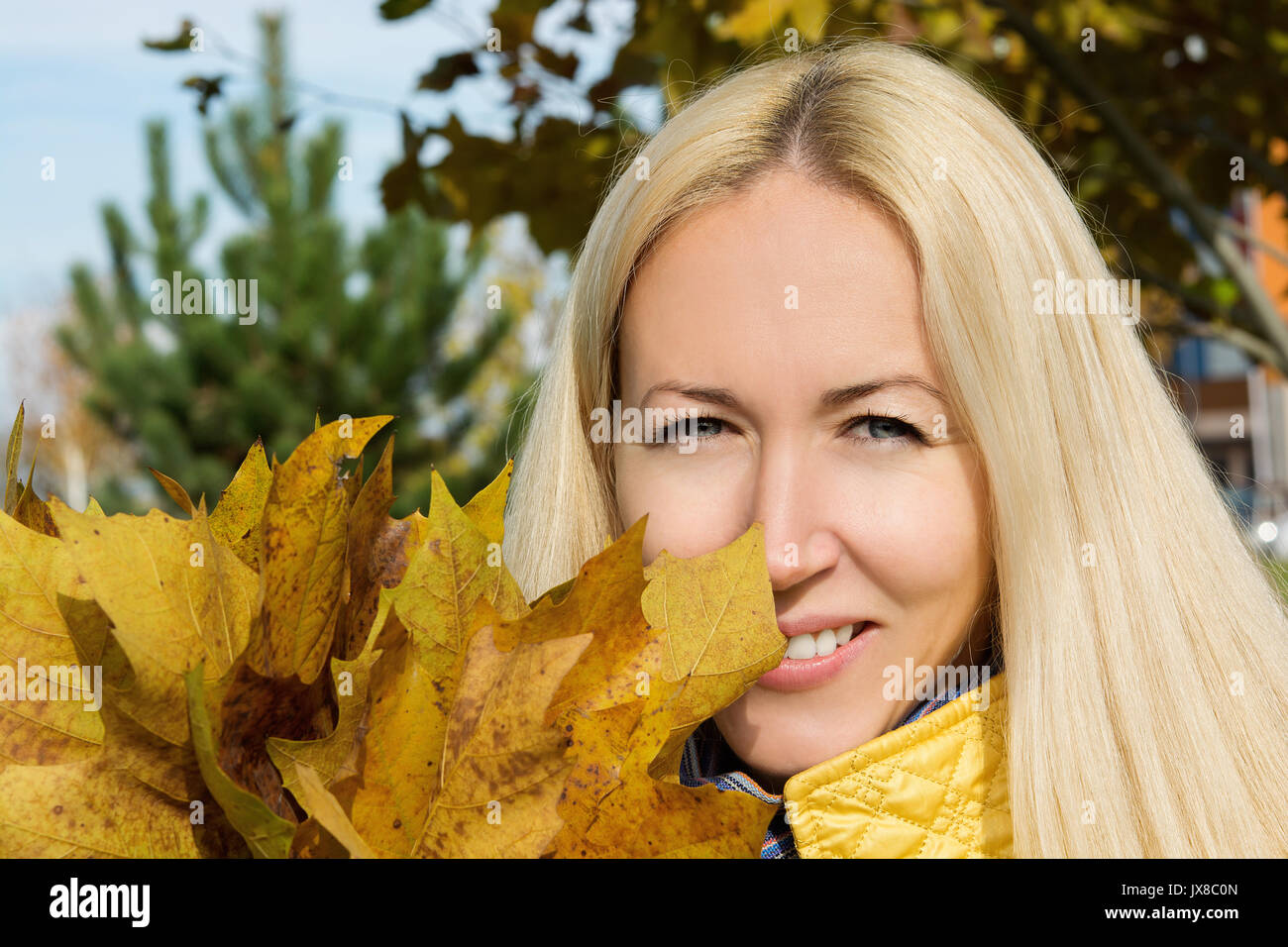 cheerful girl with autumn leaves Stock Photo - Alamy
