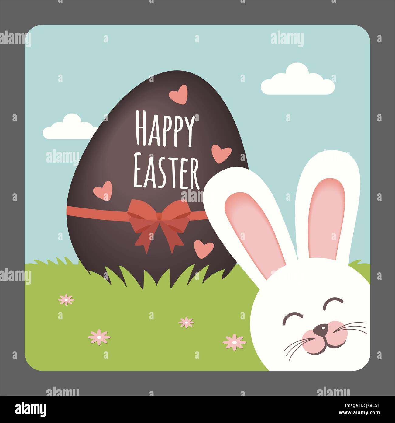 Happy Easter with bunny smiling and chocolate egg on spring background ...