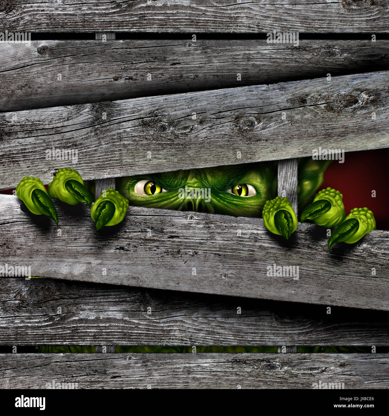 Creepy horror monster zombie breaking out of rustic wood fence or box ...