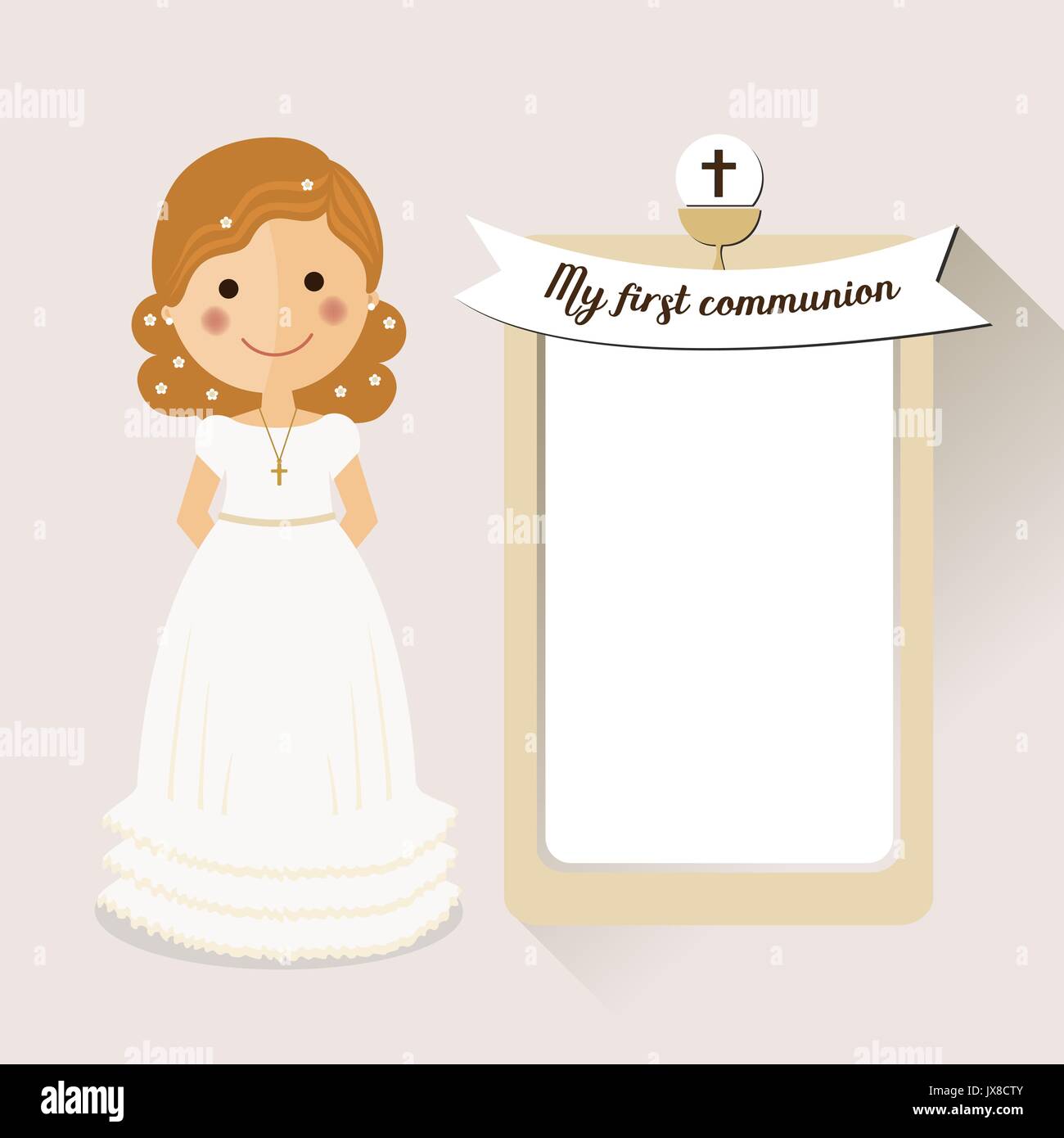 My first communion invitation with curly hair girl on ochre background ...