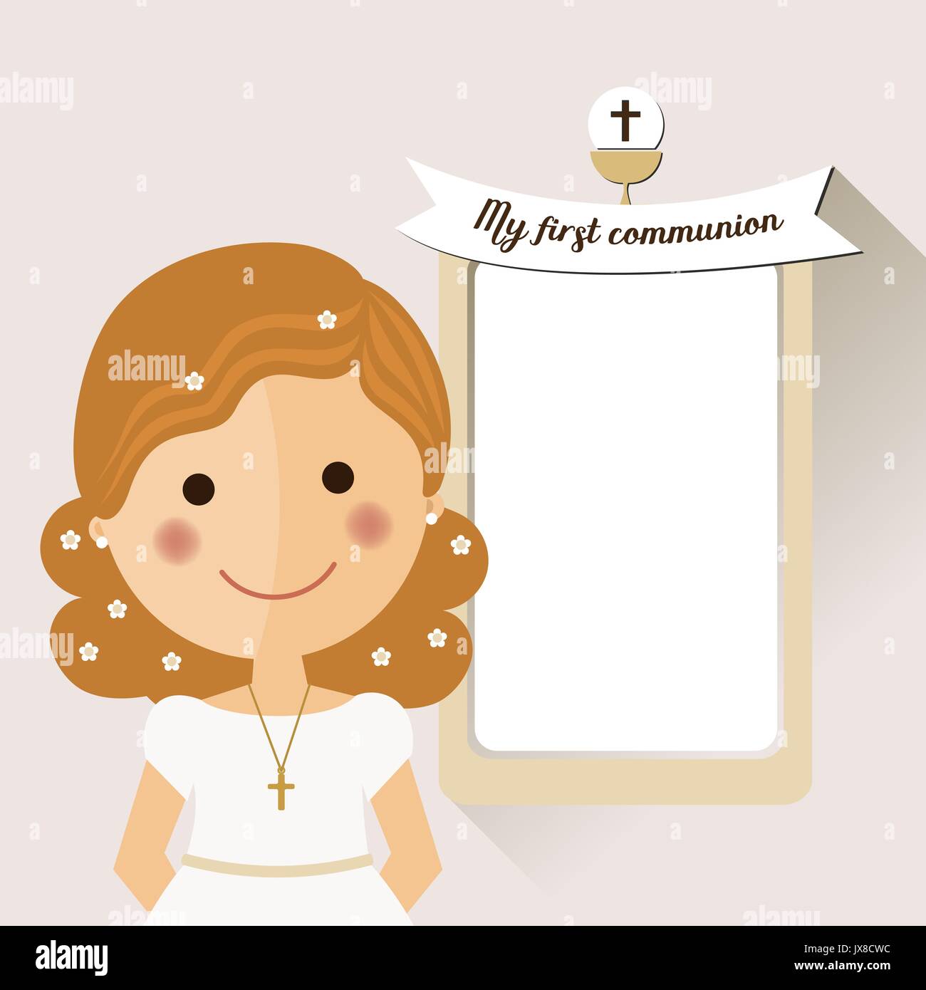 My first communion invitation with foreground girl and message on ochre ...