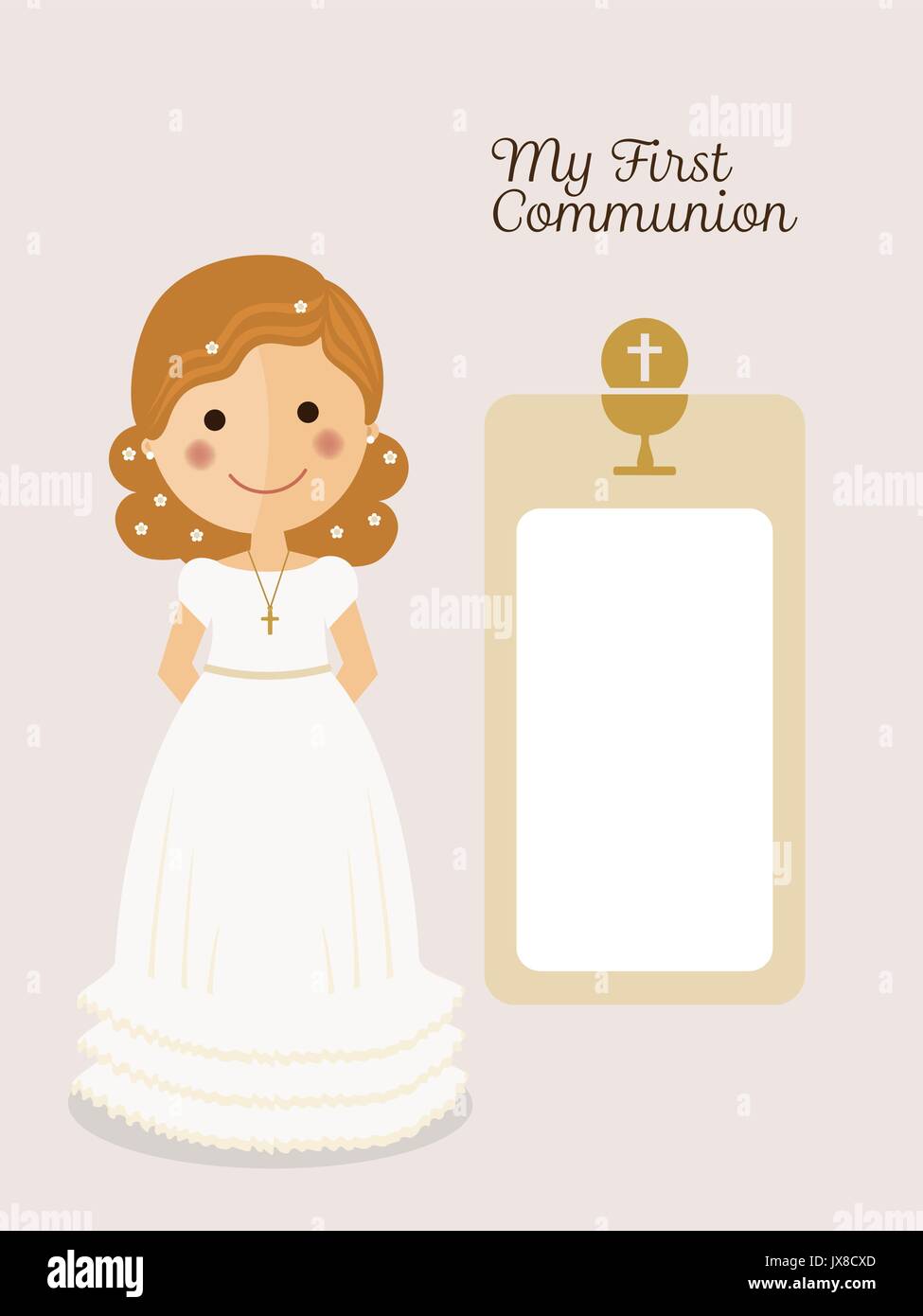 My first communion invitation with message and curly hair girl Stock ...
