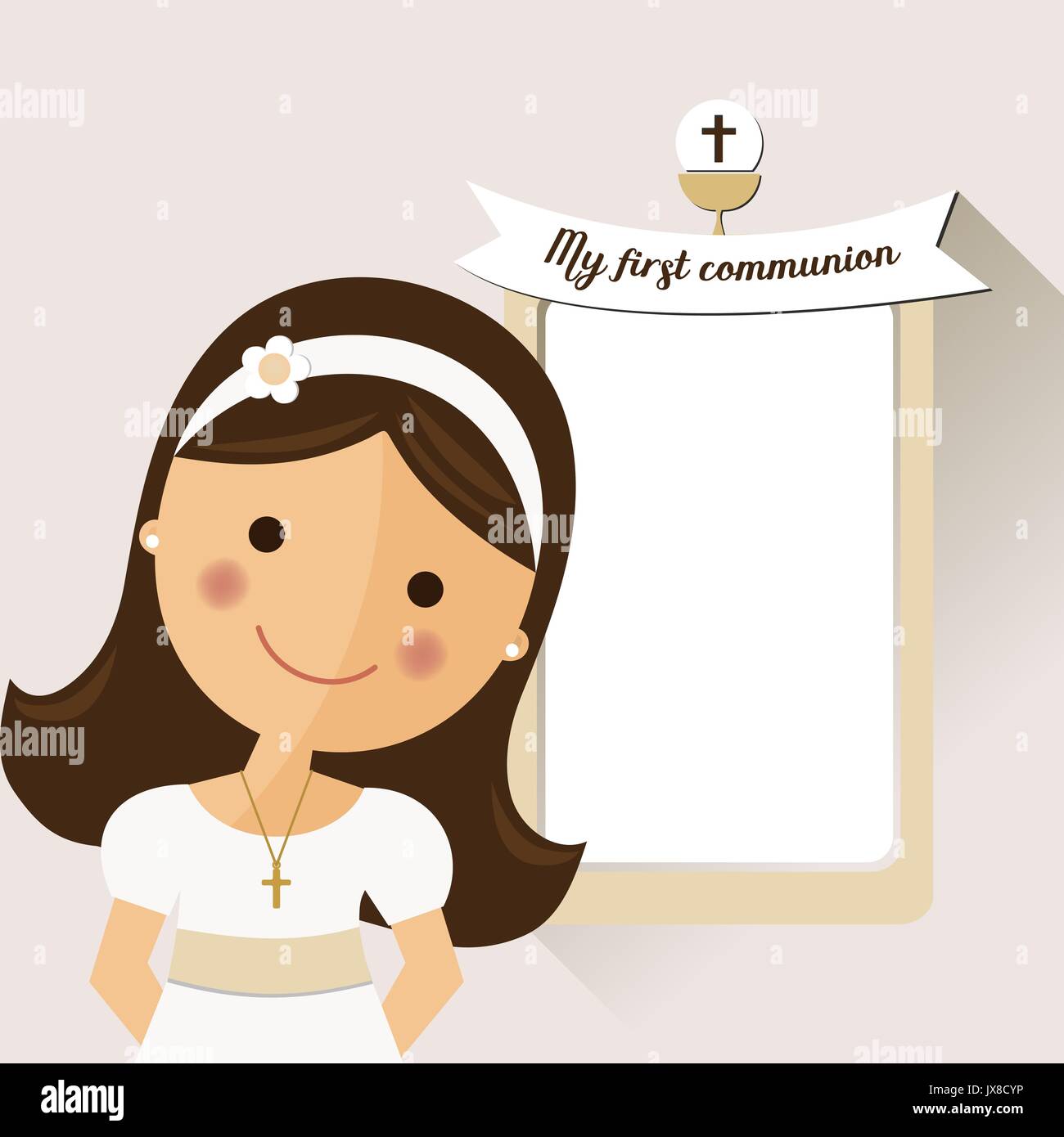 My first communion invitation with message and foreground girls on grey ...