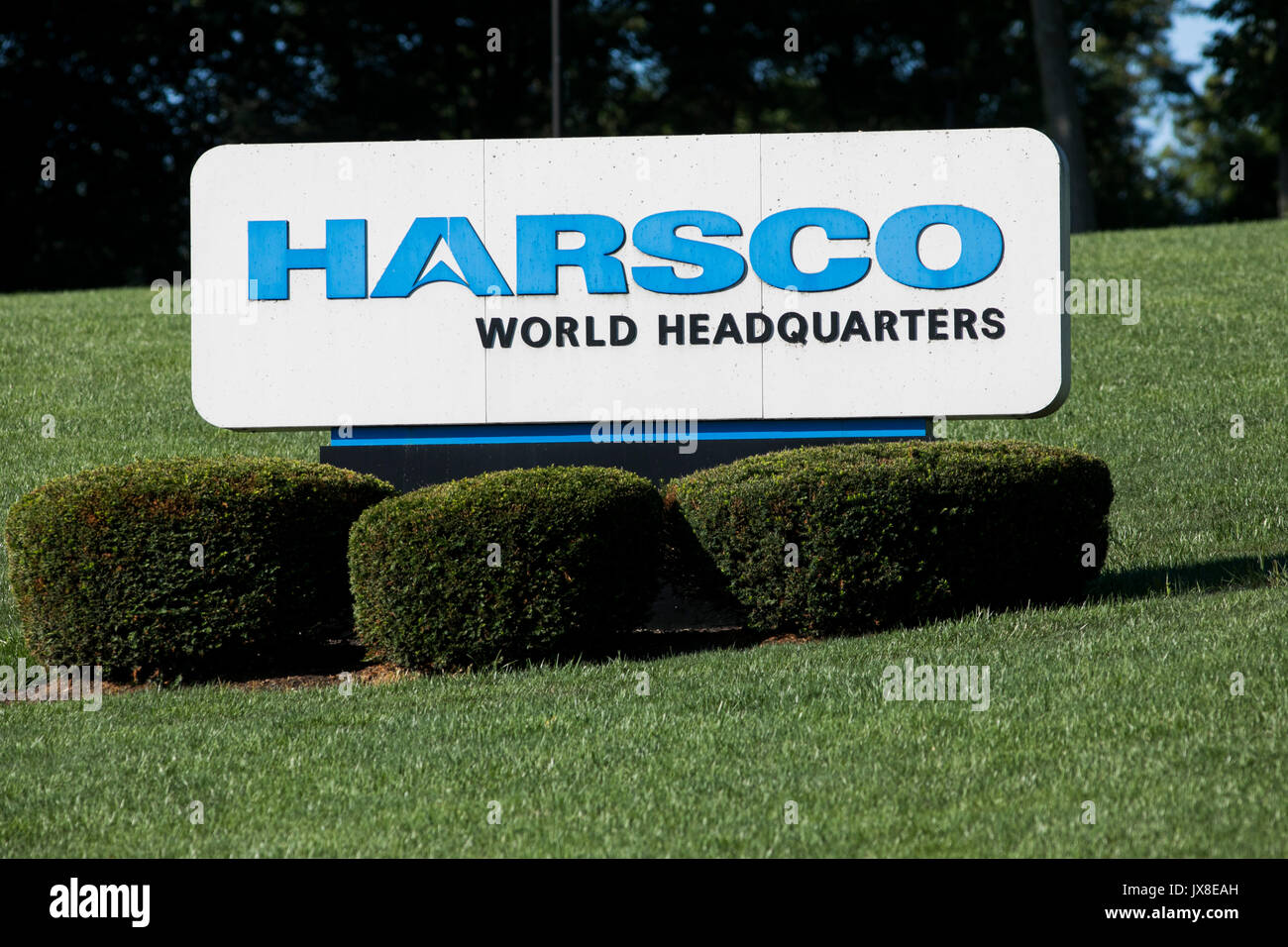 A logo sign outside of the headquarters of the Harsco Corporation in ...