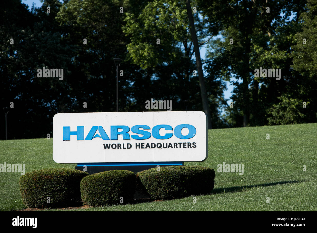 A logo sign outside of the headquarters of the Harsco Corporation in ...