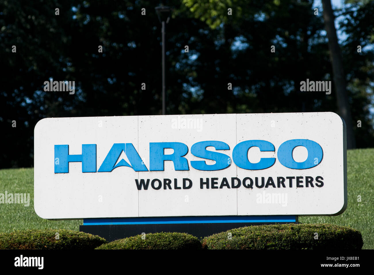 A logo sign outside of the headquarters of the Harsco Corporation in ...