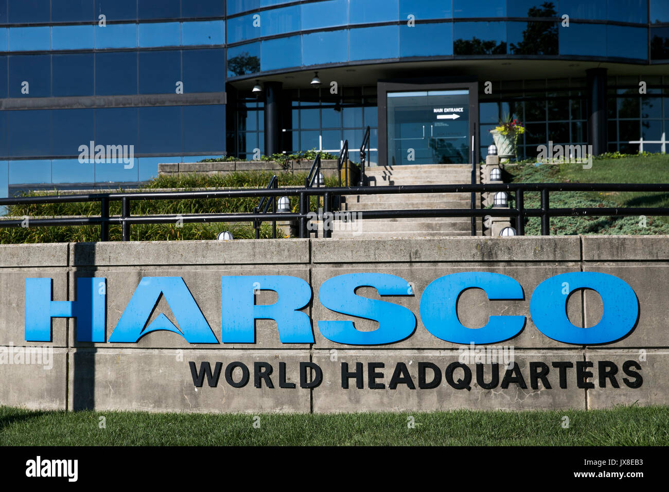 A logo sign outside of the headquarters of the Harsco Corporation in ...