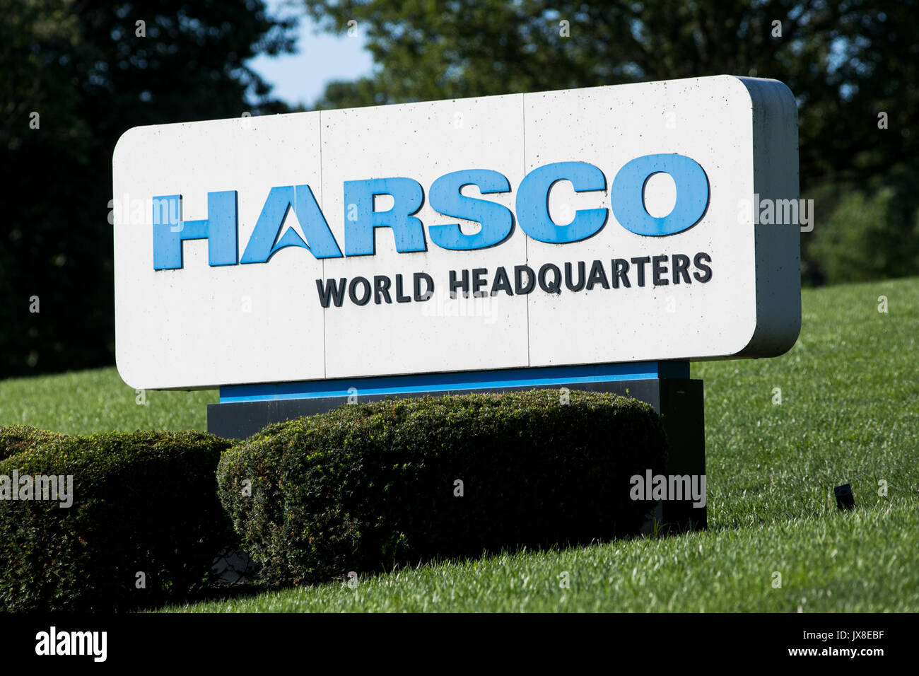 A logo sign outside of the headquarters of the Harsco Corporation in ...