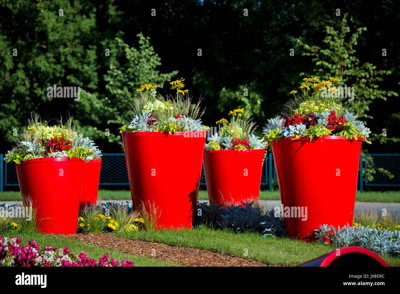 Street landscape design, flower city decoration. Red pots with flowers ...