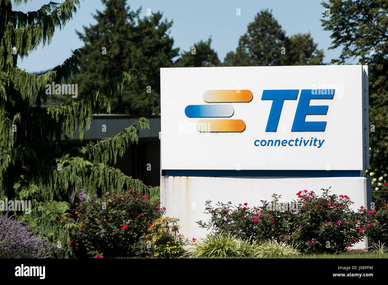 A logo sign outside of a facility occupied by TE Connectivity in ...