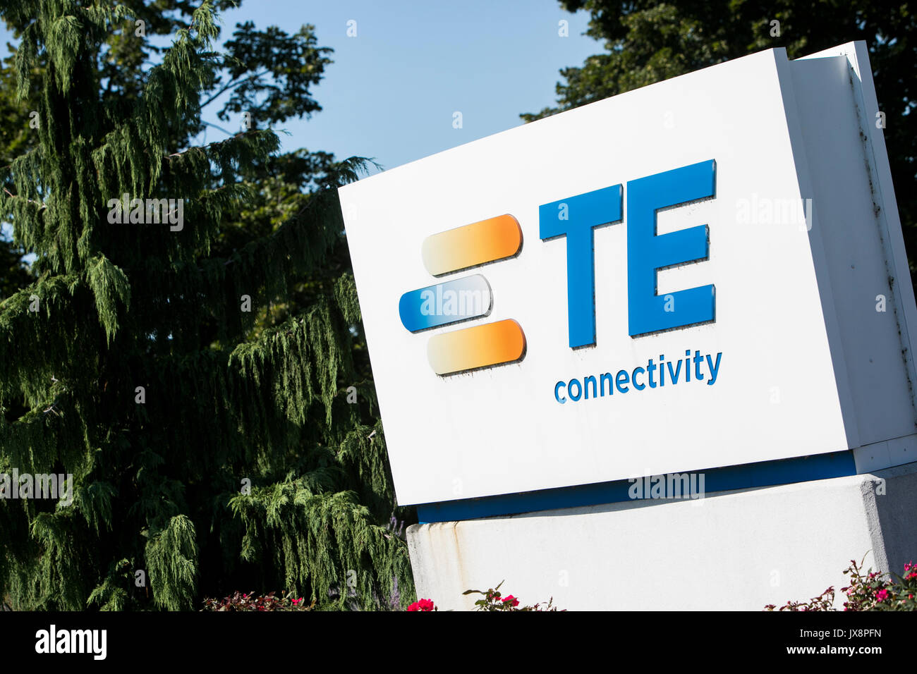 A logo sign outside of a facility occupied by TE Connectivity in ...