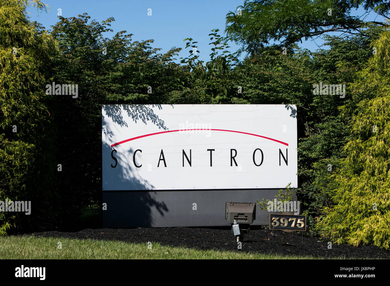 A logo sign outside of a facility occupied by the Scantron Corporation ...