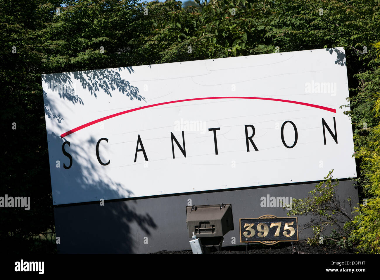 A logo sign outside of a facility occupied by the Scantron Corporation ...