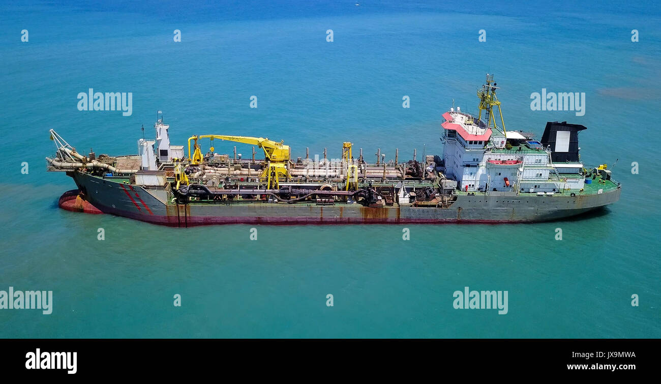 Suction-Dredger vessel at sea - Top down aerial image Stock Photo - Alamy