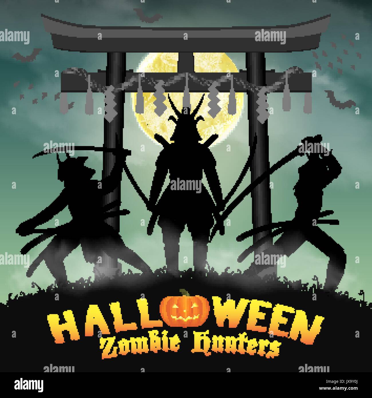 samurai zombie hunter with japan style temple gate Stock Vector Image ...