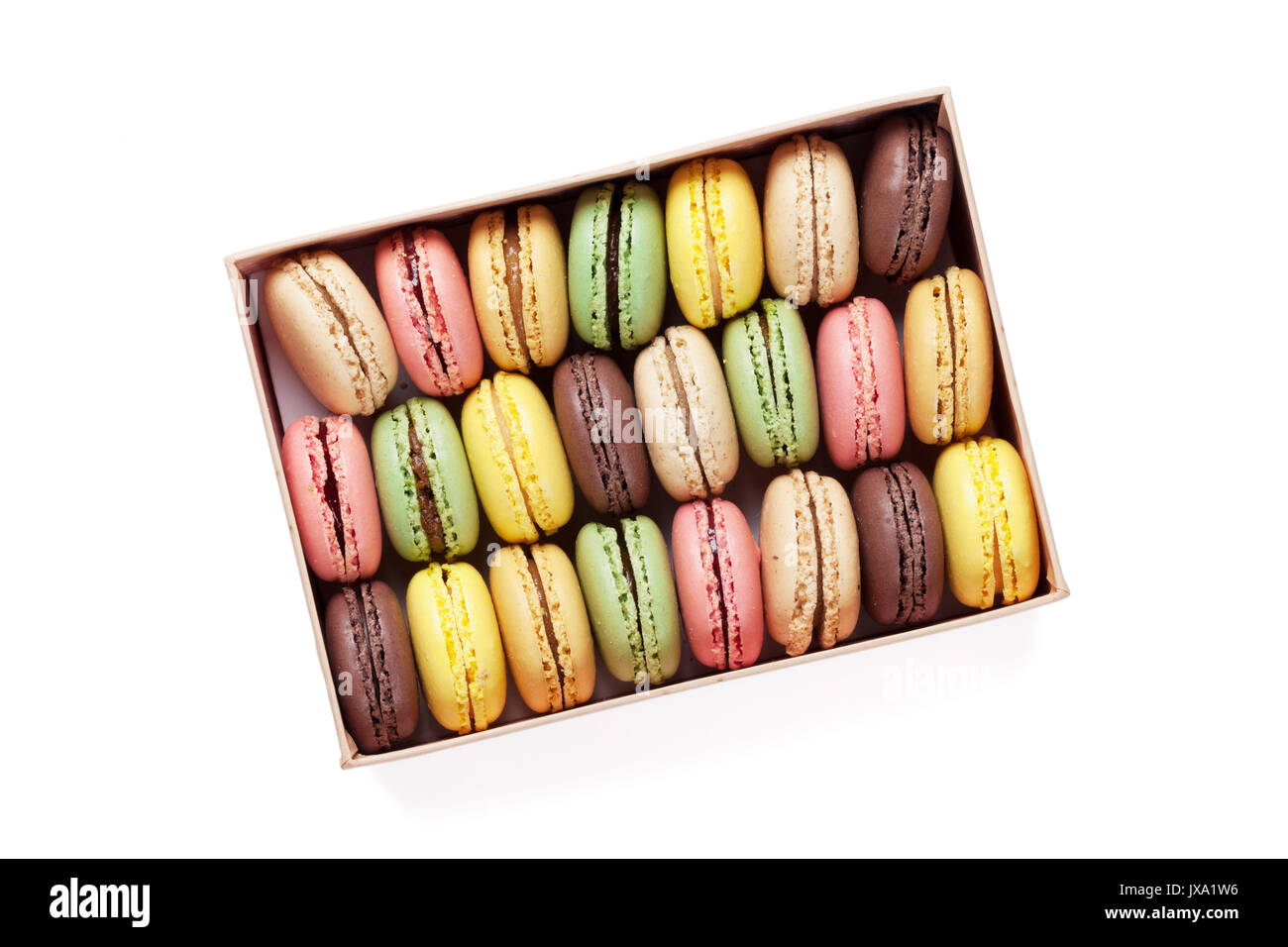 Colorful macaroons gift box. Sweet macarons present. Isolated on white ...