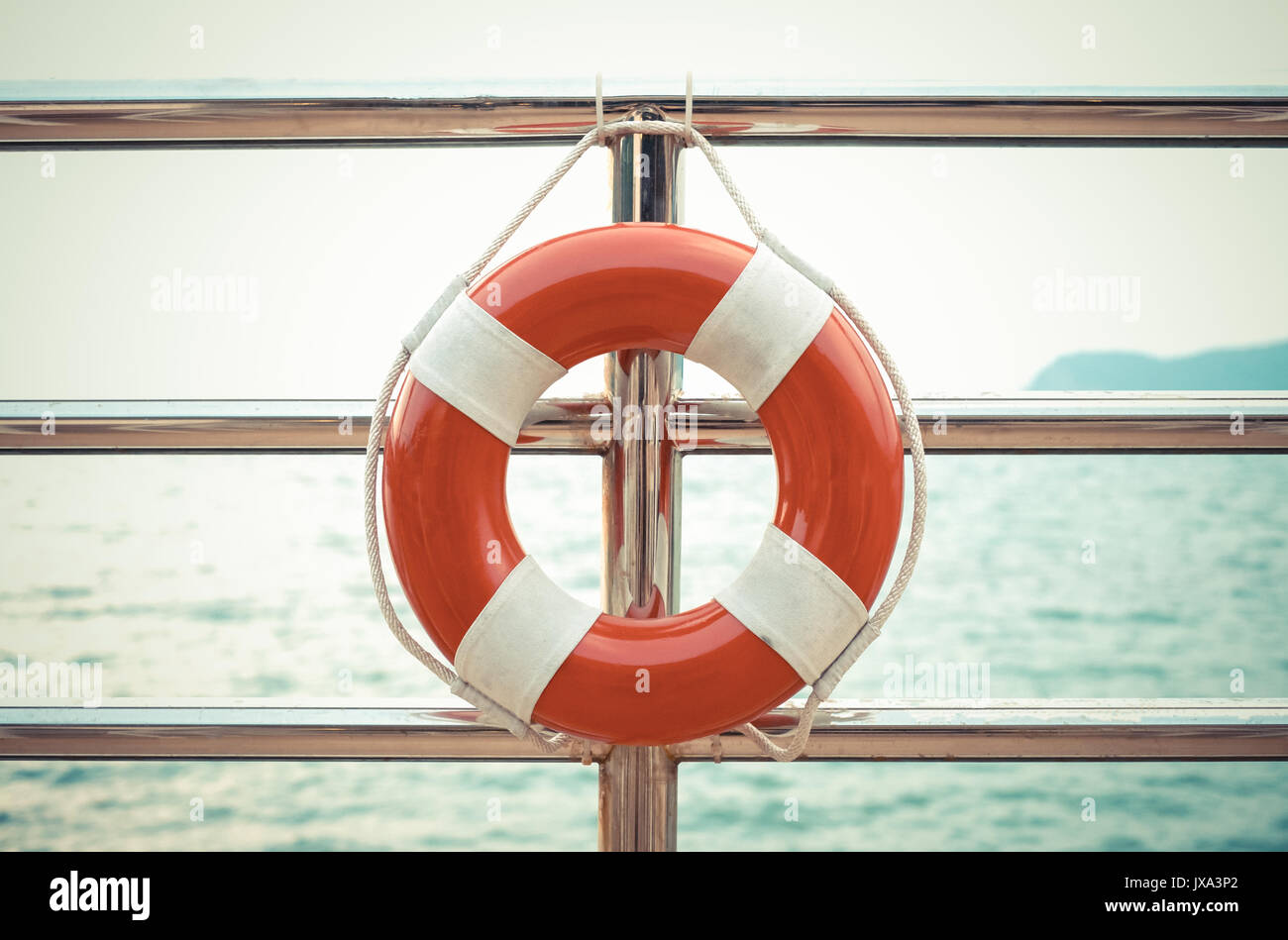 Vintage style photo of life preserver attached to the cruise ship Stock ...