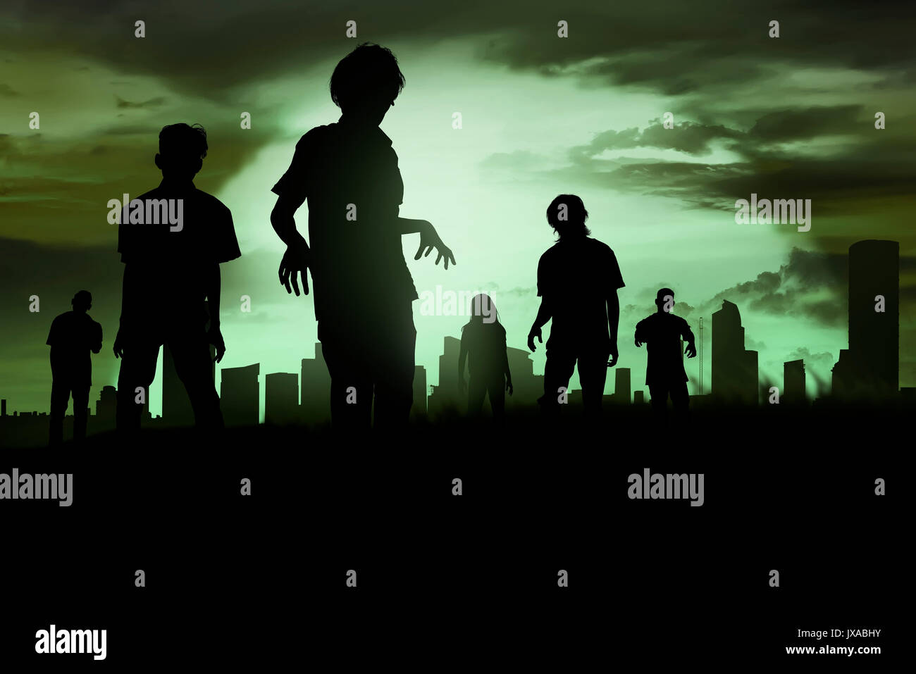 Silhoutte of zombies walking over cemetery in night Stock Photo - Alamy