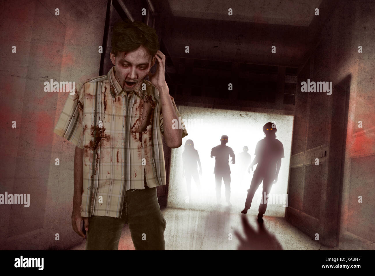 Horrible asian zombies with red eyes on the dark room Stock Photo - Alamy