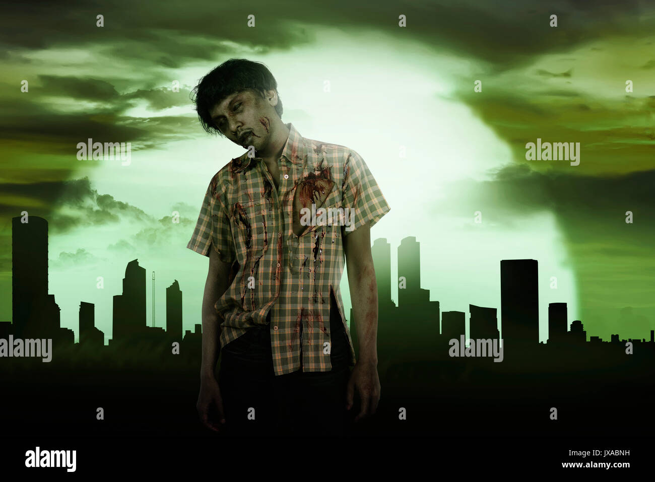 Horrible asian zombie man with blood standing at moonlight Stock Photo ...