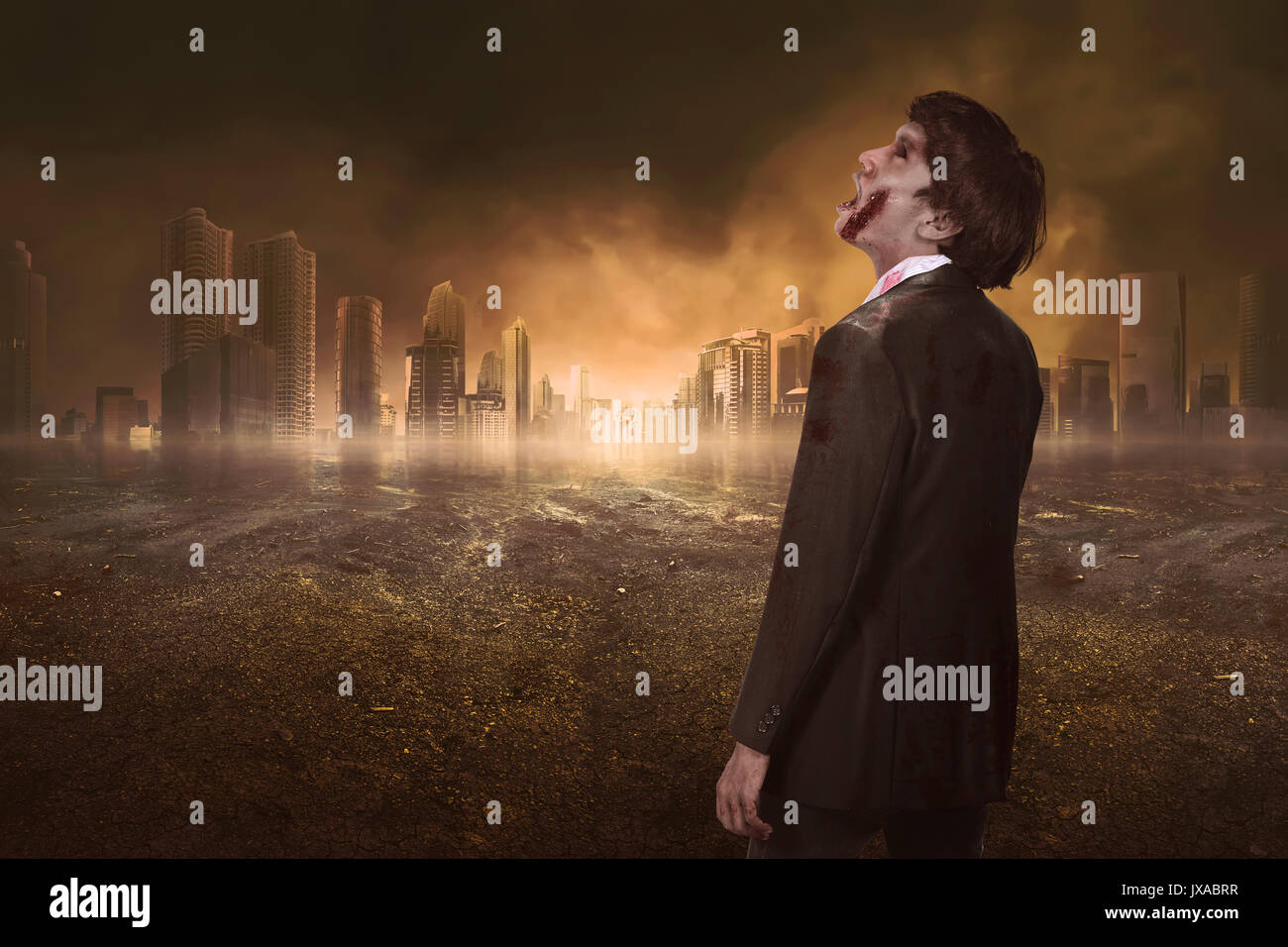 Back view of asian zombie man with wounded face on the dark city Stock ...