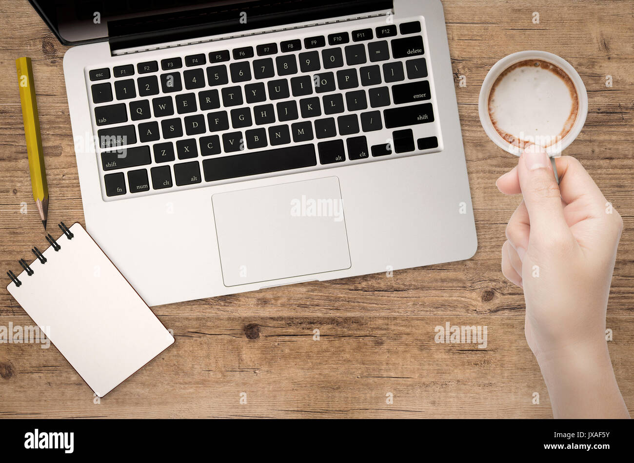 office desk top view with computer notebook Stock Photo - Alamy