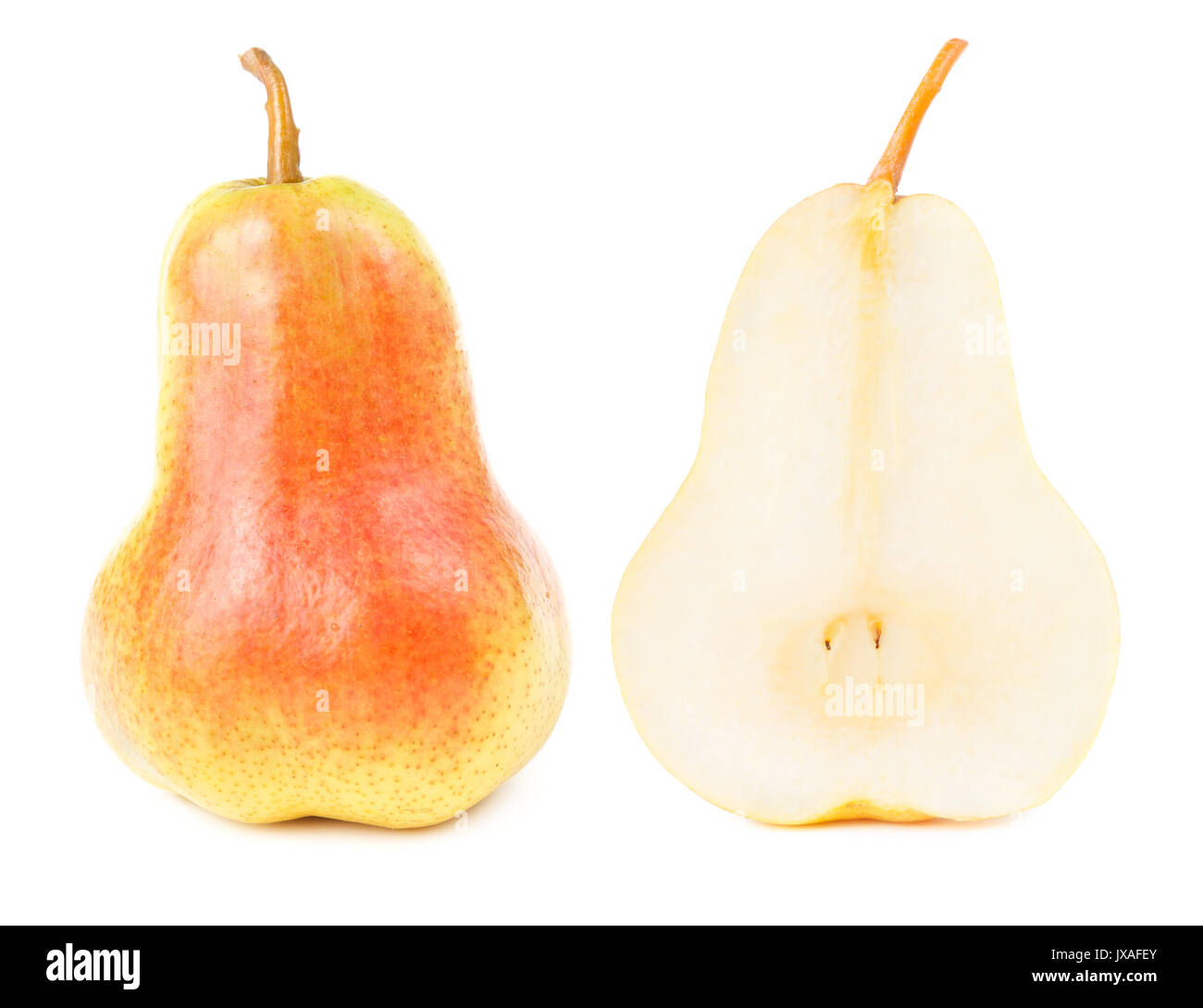 Red yellow pear fruit cut in half isolated on white background Stock ...