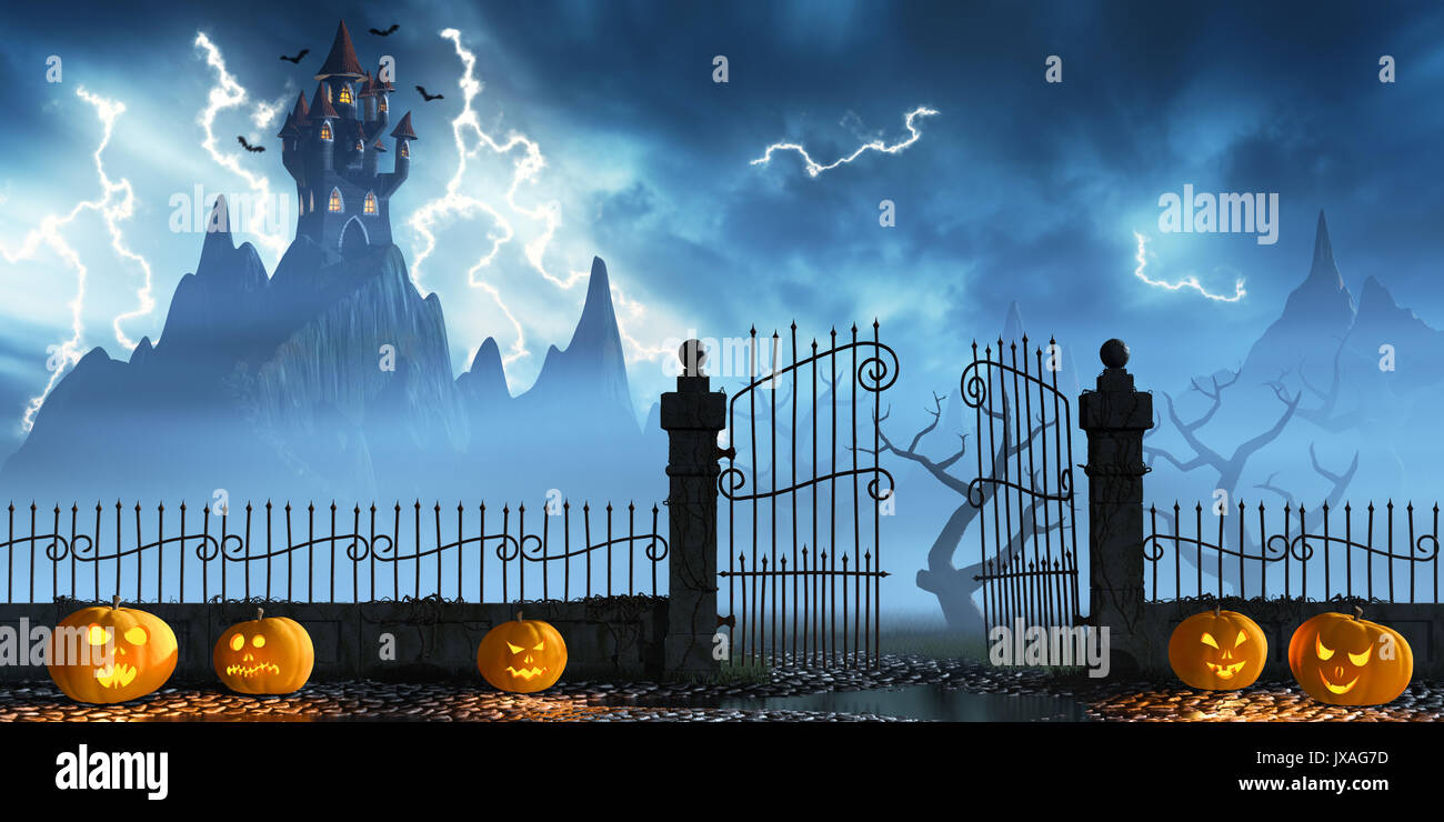 Jack O'Lanterns guarding an open gate leading to a spooky castle high ...