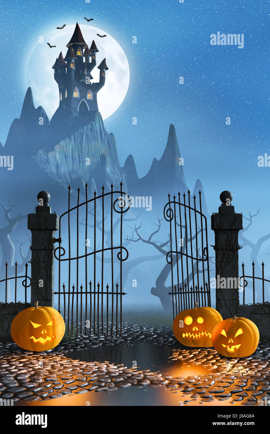 Jack O'Lanterns guarding an open gate leading to a spooky castle high ...