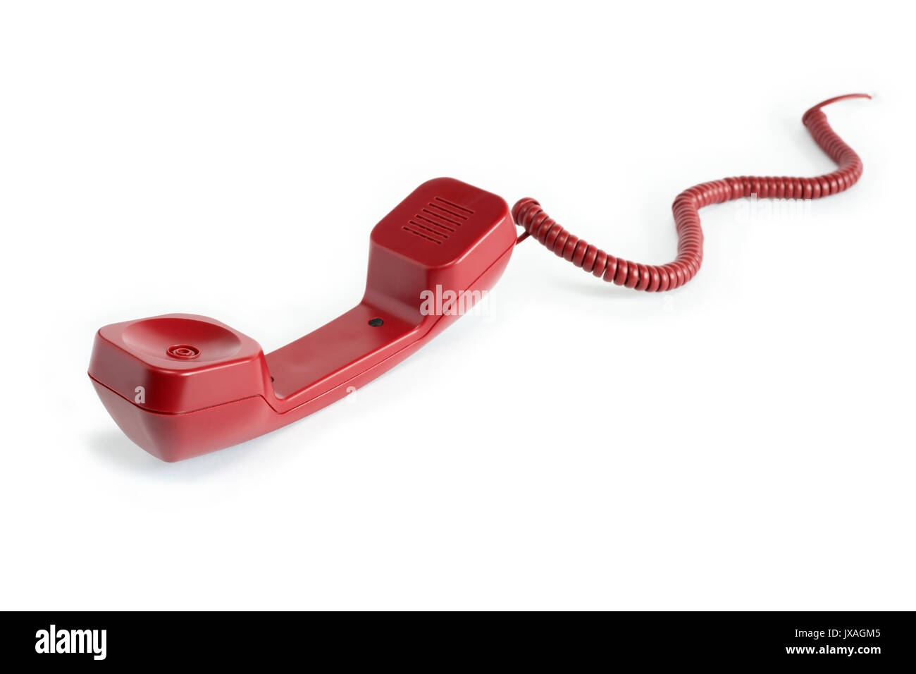 Unhooking red telephone receiver with cable on white background Stock ...