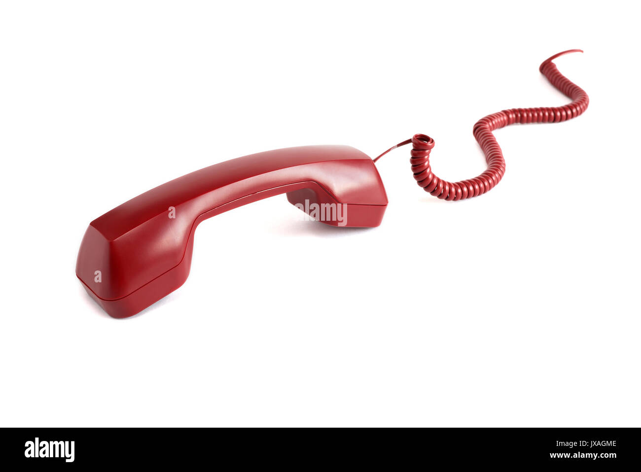 Unhooking red telephone receiver with cable on white background Stock ...