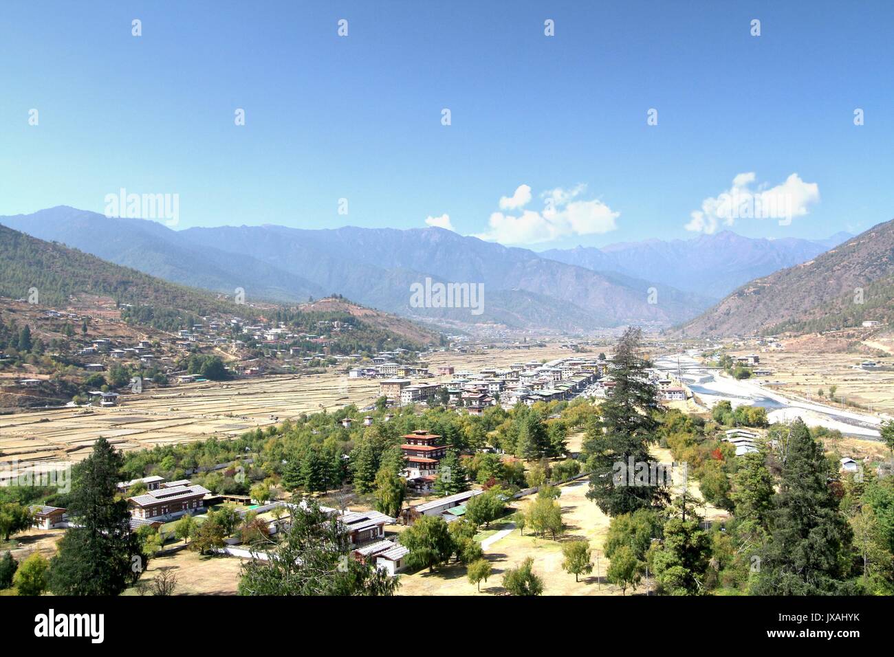 Aerial view of Thimphu City with Bhutanese traditional style houses ...