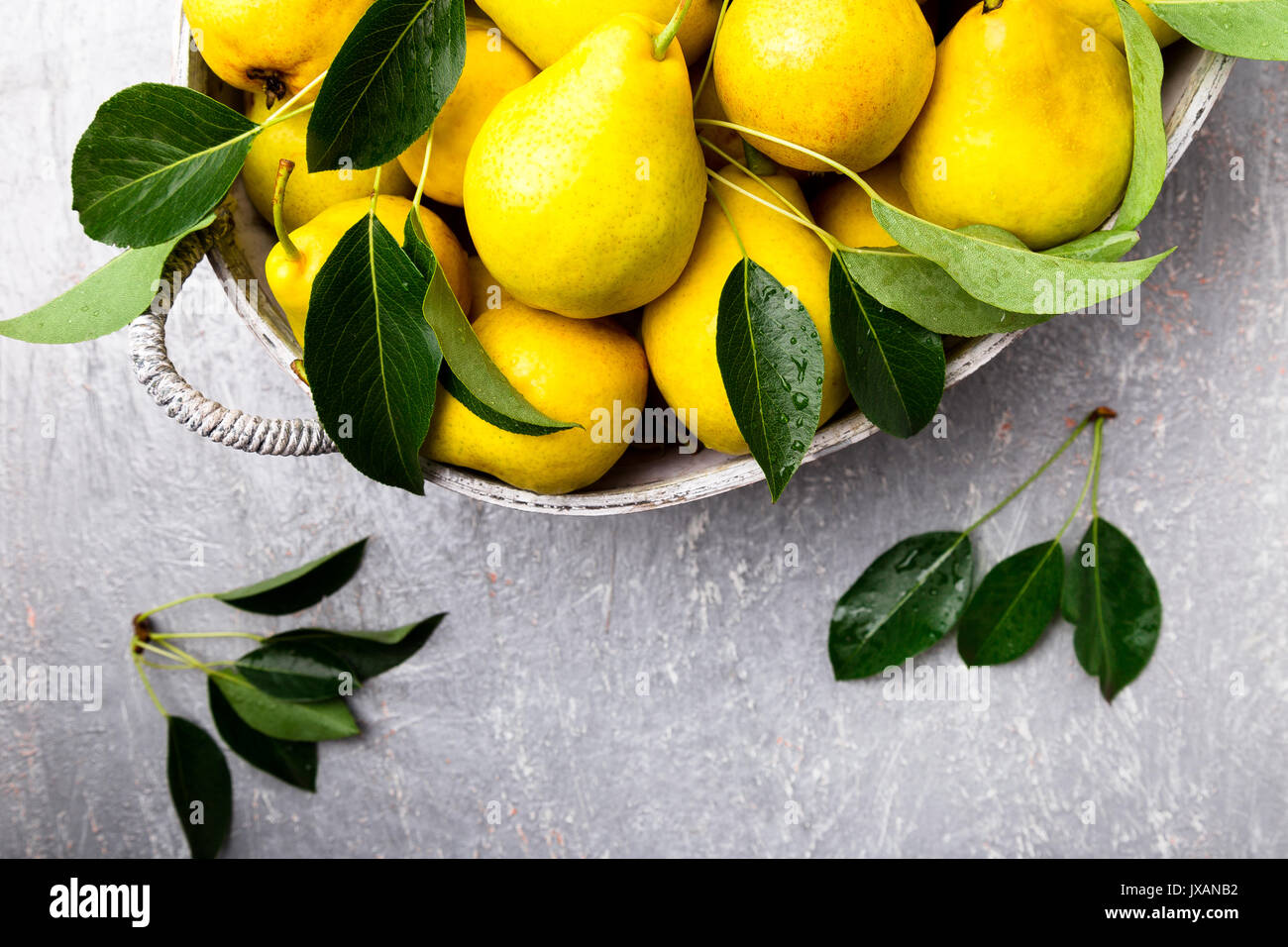 Yellow pear in grey basket in grey background. Harvest. Top view. Full ...