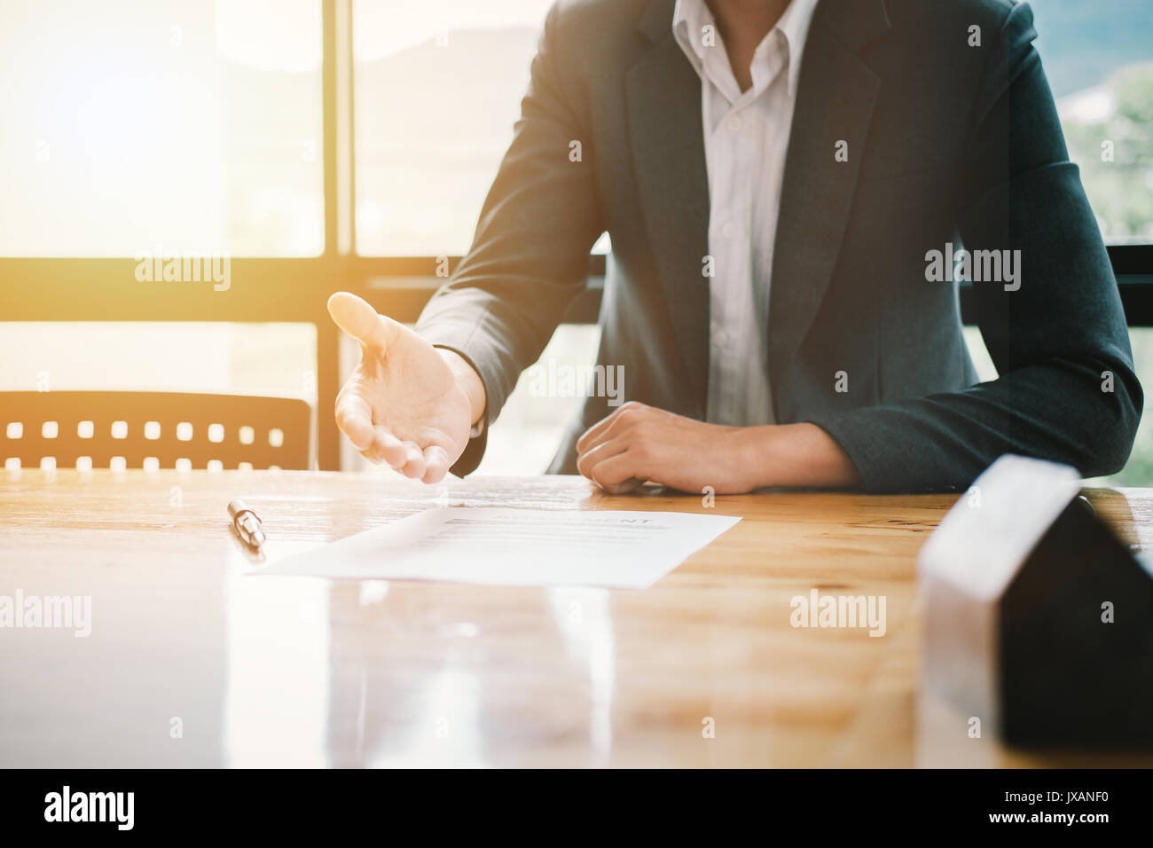 Real estate agent offer hand for customer sign aggrement contract ...